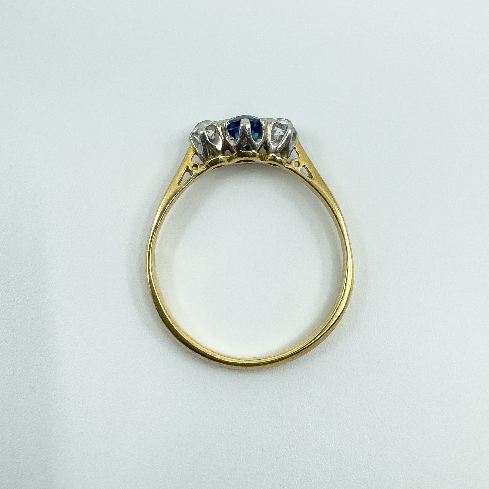 Antique 18ct Gold Sapphire & Old Cut Diamond Trilogy Ring 750 Size P